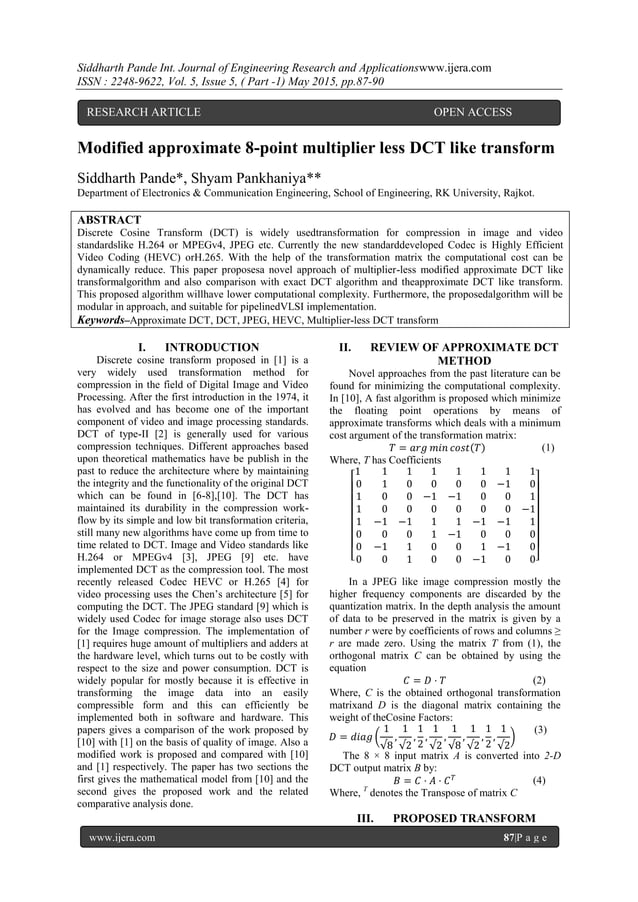 Modified approximate 8-point multiplier less DCT like transform | PDF