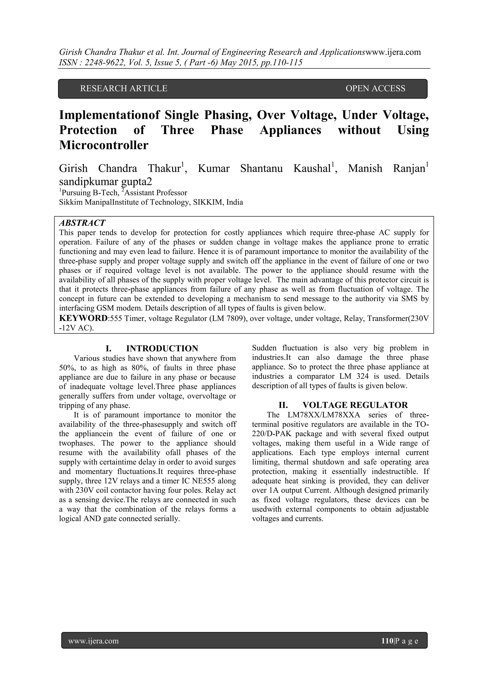 Implementationof Single Phasing, Over Voltage, Under Voltage ...