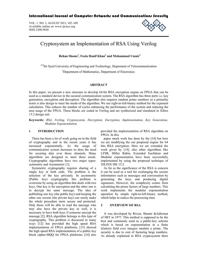 Cryptosystem An Implementation of RSA Using Verilog | PDF
