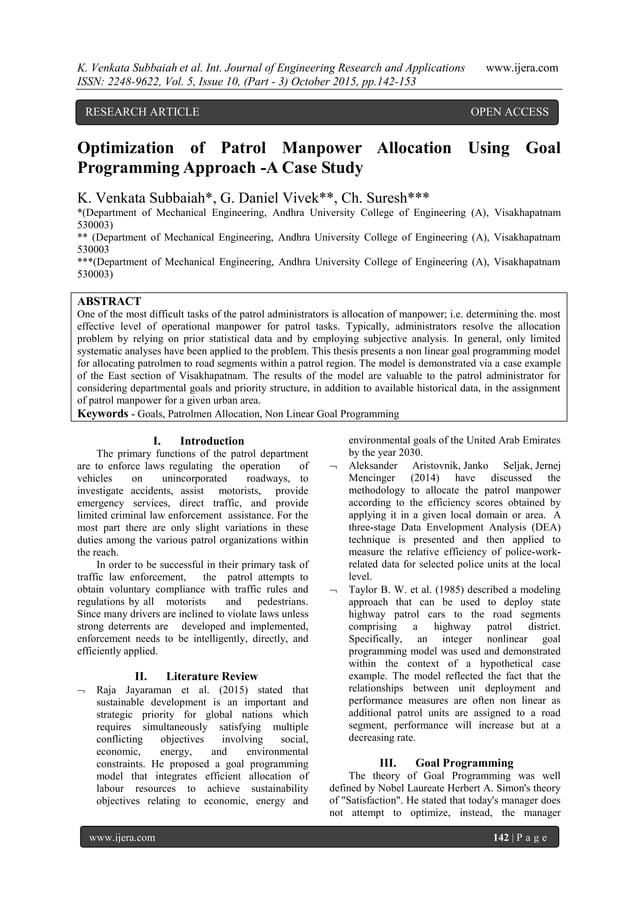 Optimization of Patrol Manpower Allocation Using Goal Programming Approach -A Case Study | PDF