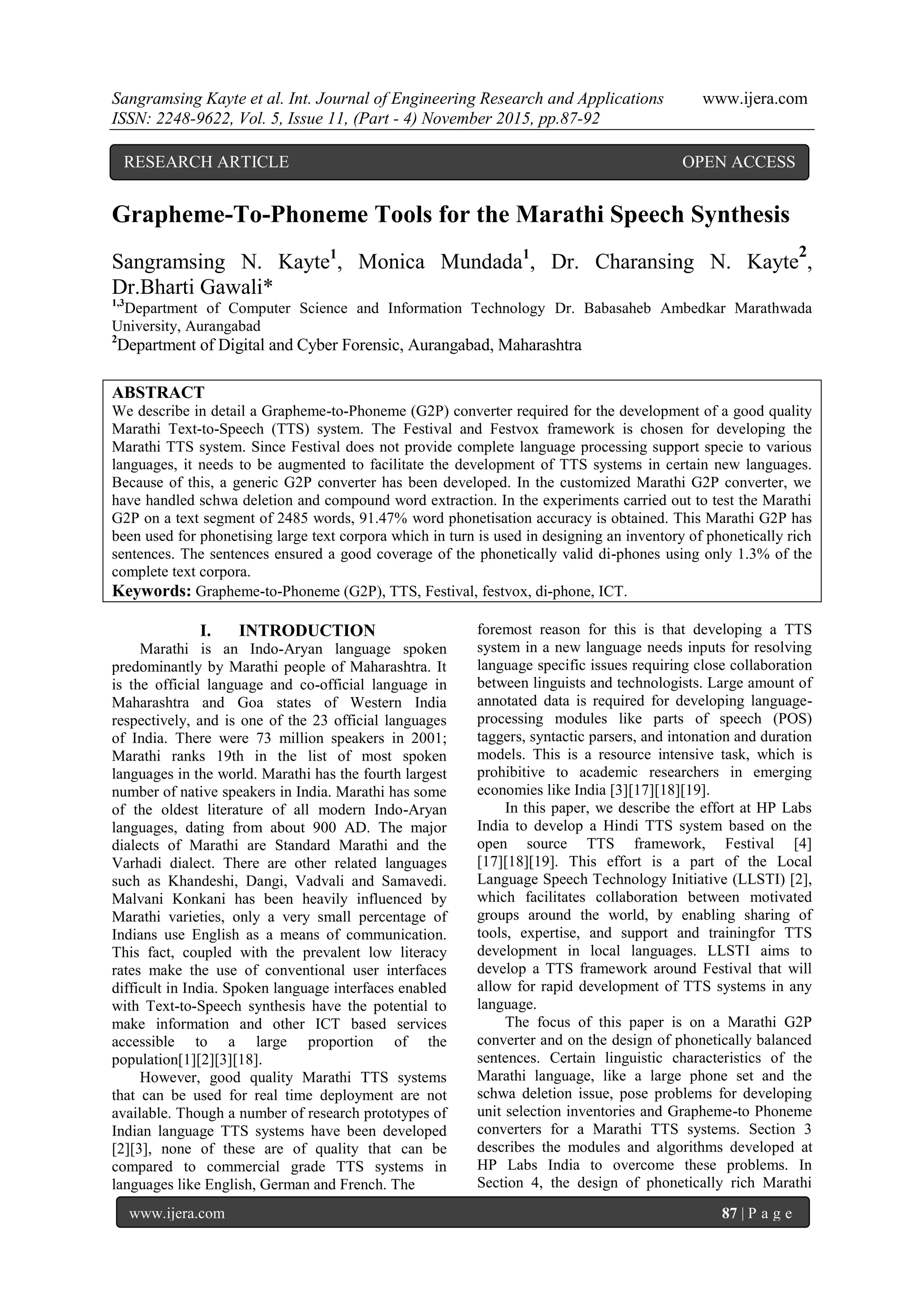 Grapheme-To-Phoneme Tools for the Marathi Speech Synthesis | PDF
