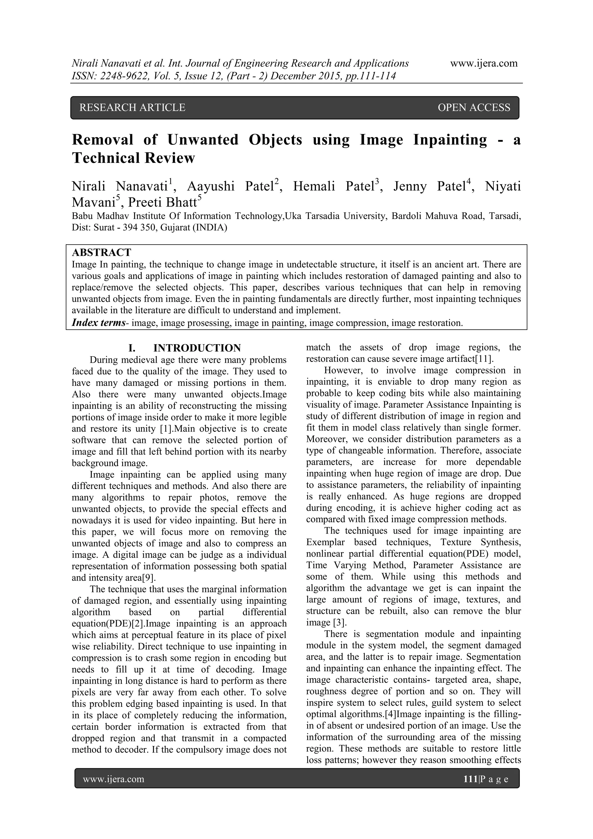 Removal of Unwanted Objects using Image Inpainting - a Technical Review | PDF | Photo Editing ...