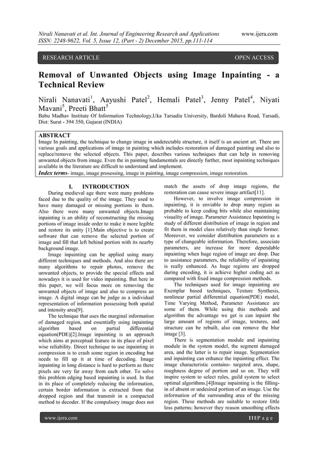 Removal of Unwanted Objects using Image Inpainting - a Technical Review | PDF | Photo Editing ...