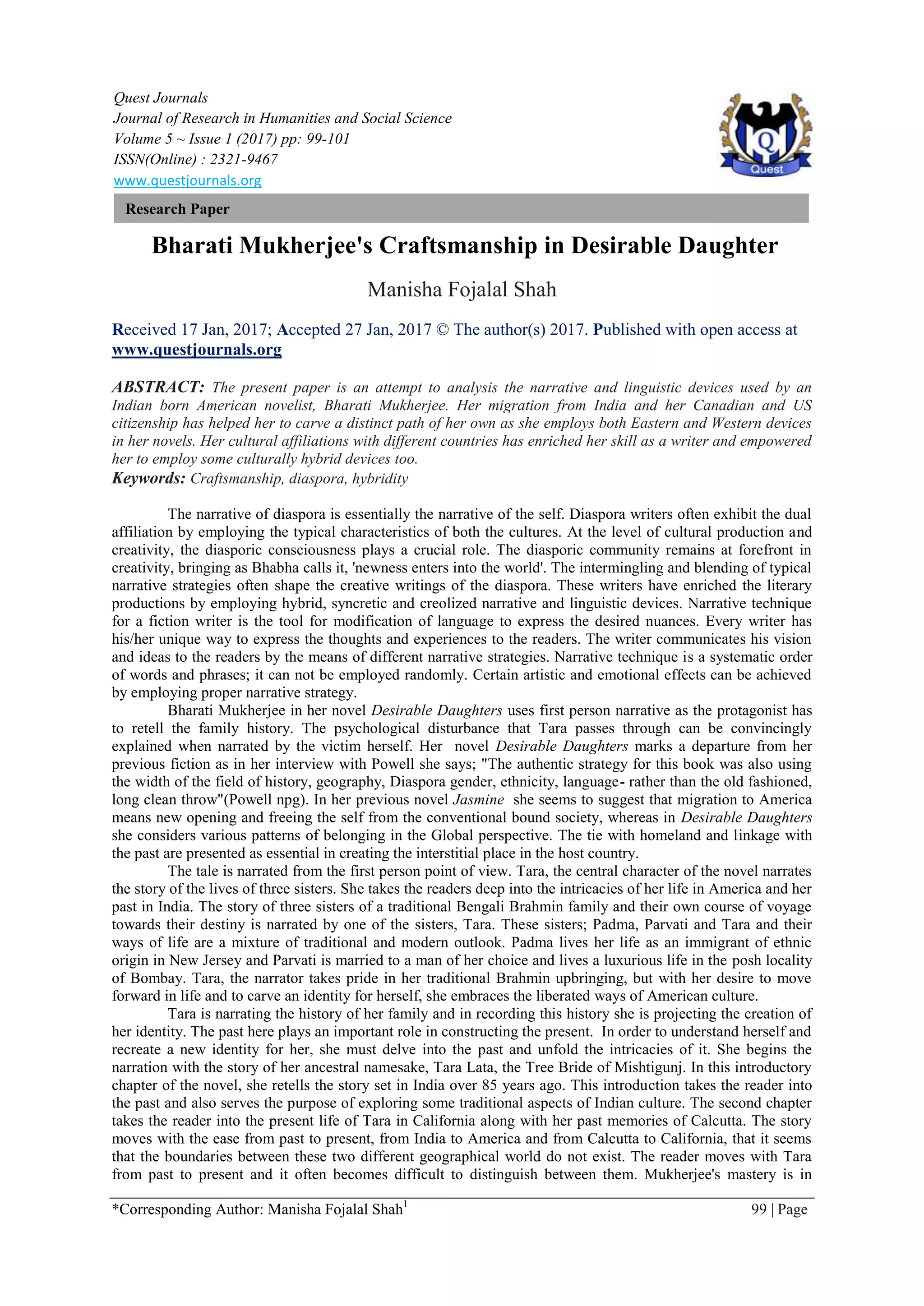 Bharati Mukherjee's Craftsmanship in Desirable Daughter | PDF