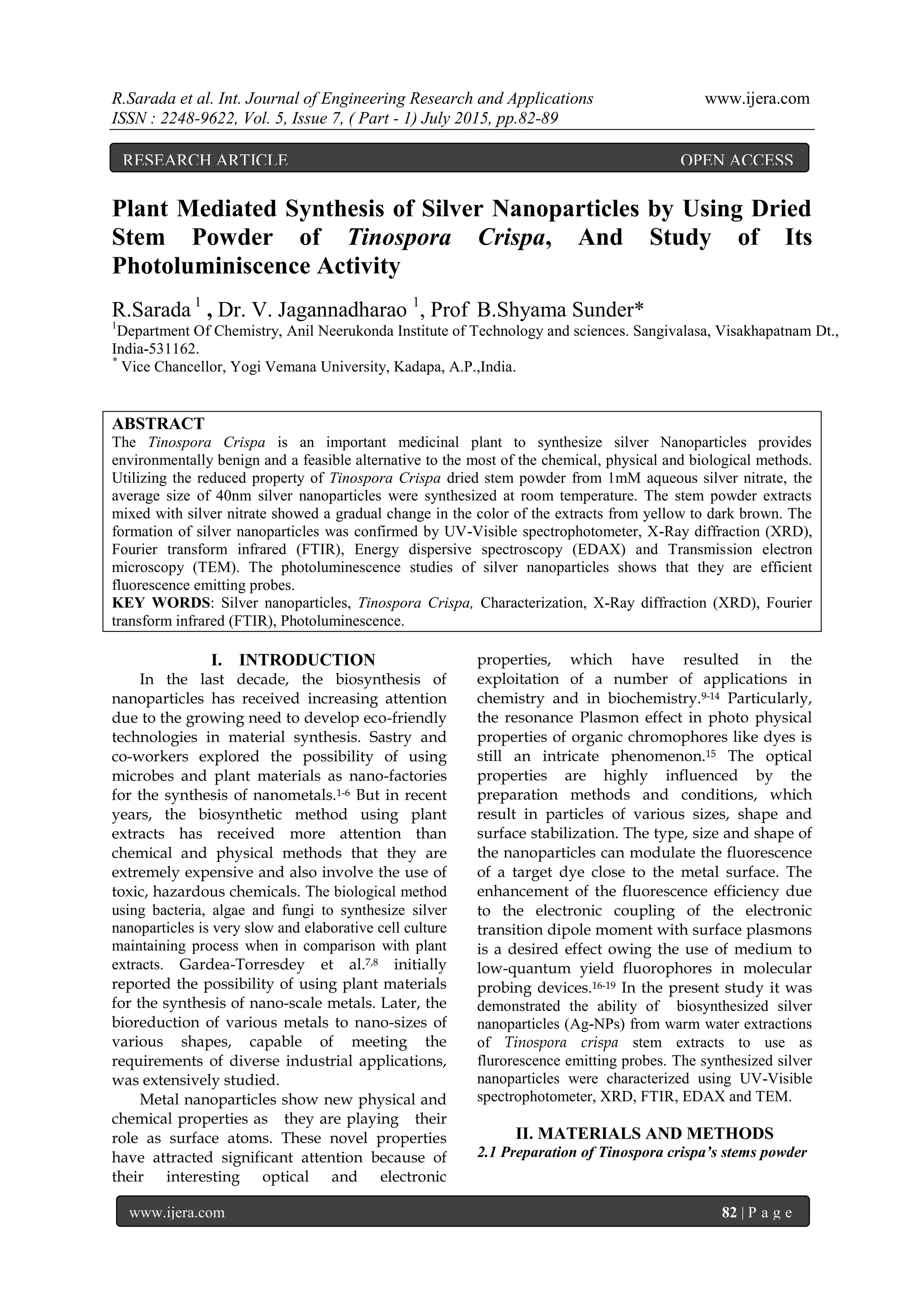 Plant Mediated Synthesis of Silver Nanoparticles by Using Dried Stem ...