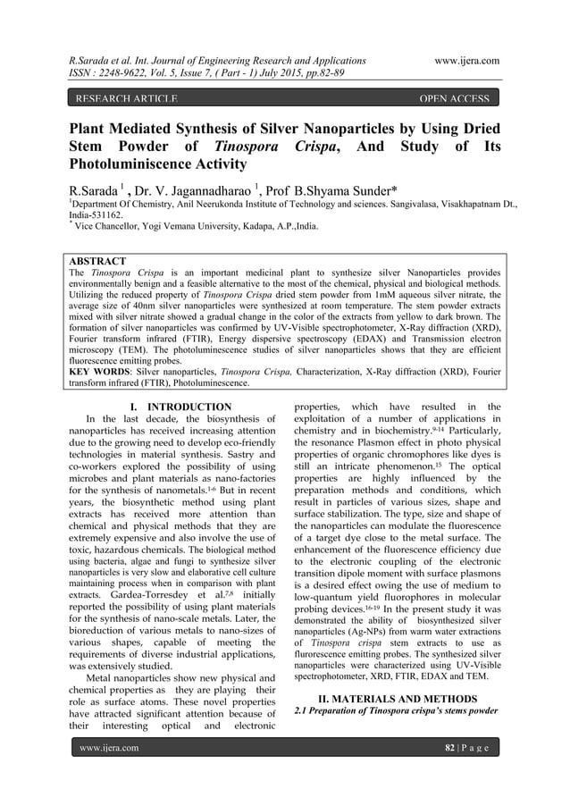 Plant Mediated Synthesis of Silver Nanoparticles by Using Dried Stem Powder of Tinospora Crispa ...