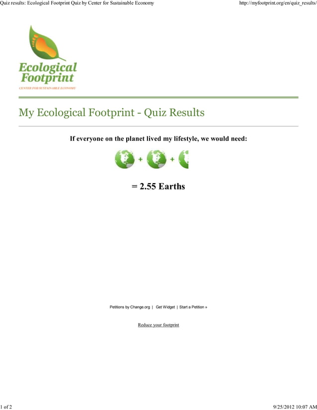 P57600 Quiz Results Ecological Footprint Quiz by Center for Sustainable ...