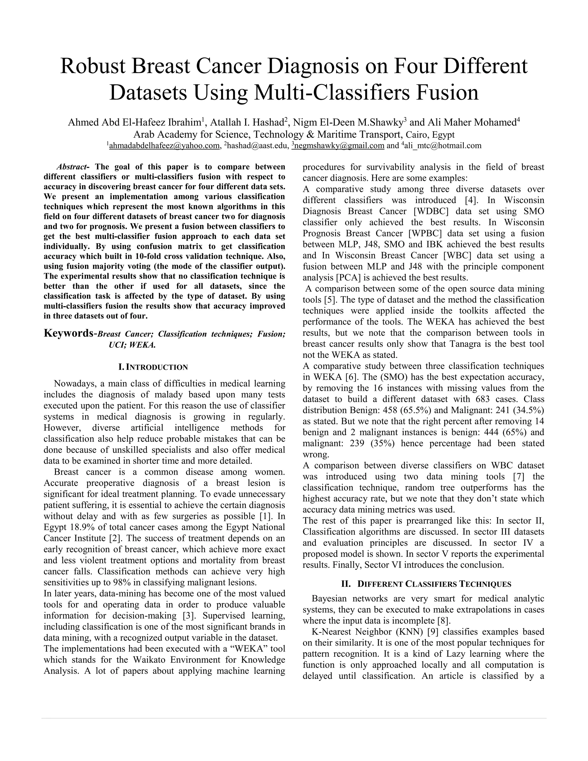 Robust Breast Cancer Diagnosis on Four Different Datasets Using Multi-Classifiers Fusion | PDF