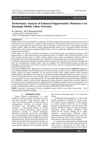 Performance Analysis of Enhanced Opportunistic Minimum Cost Routingin Mobile Adhoc Networks | PDF