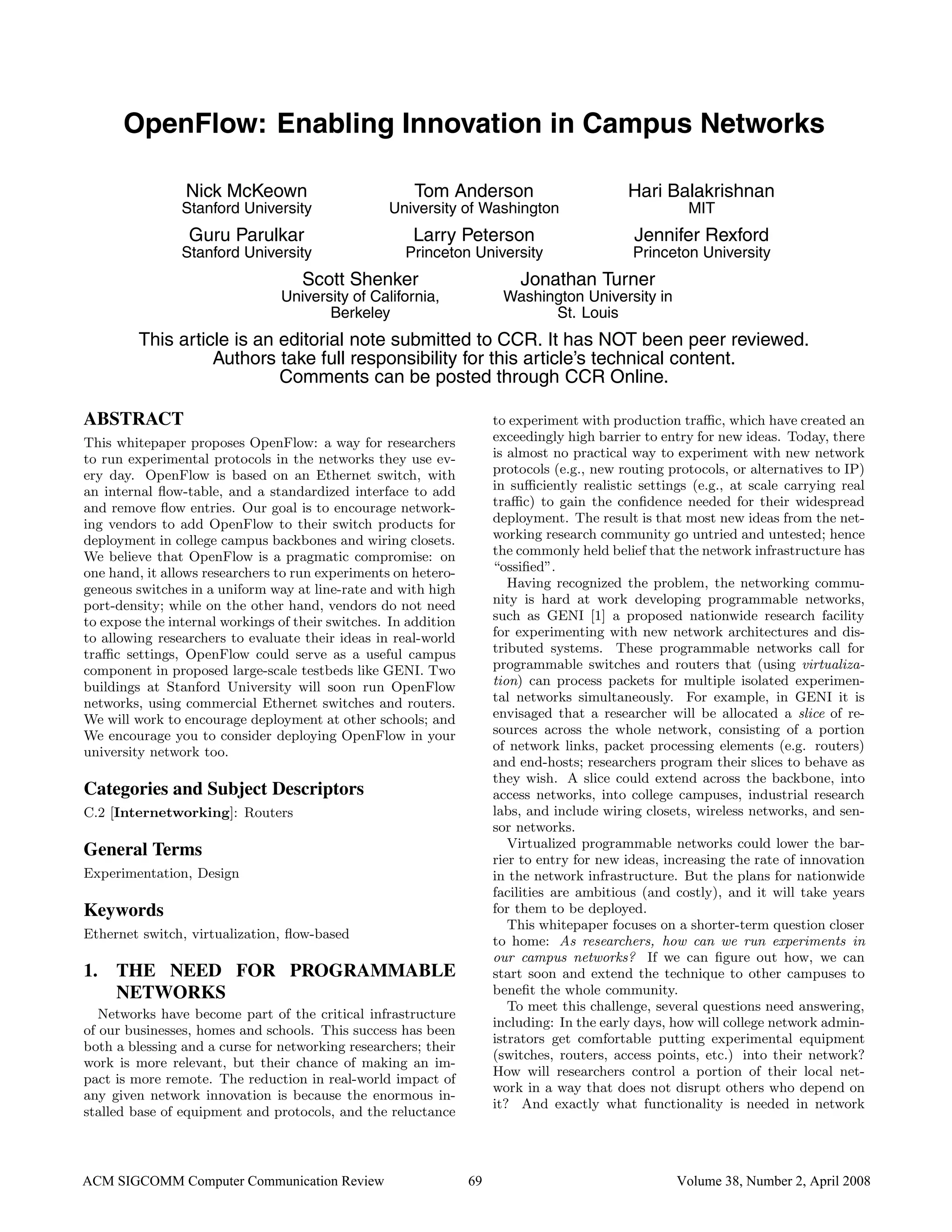 OpenFlow: Enabling Innovation in Campus Networks | PDF