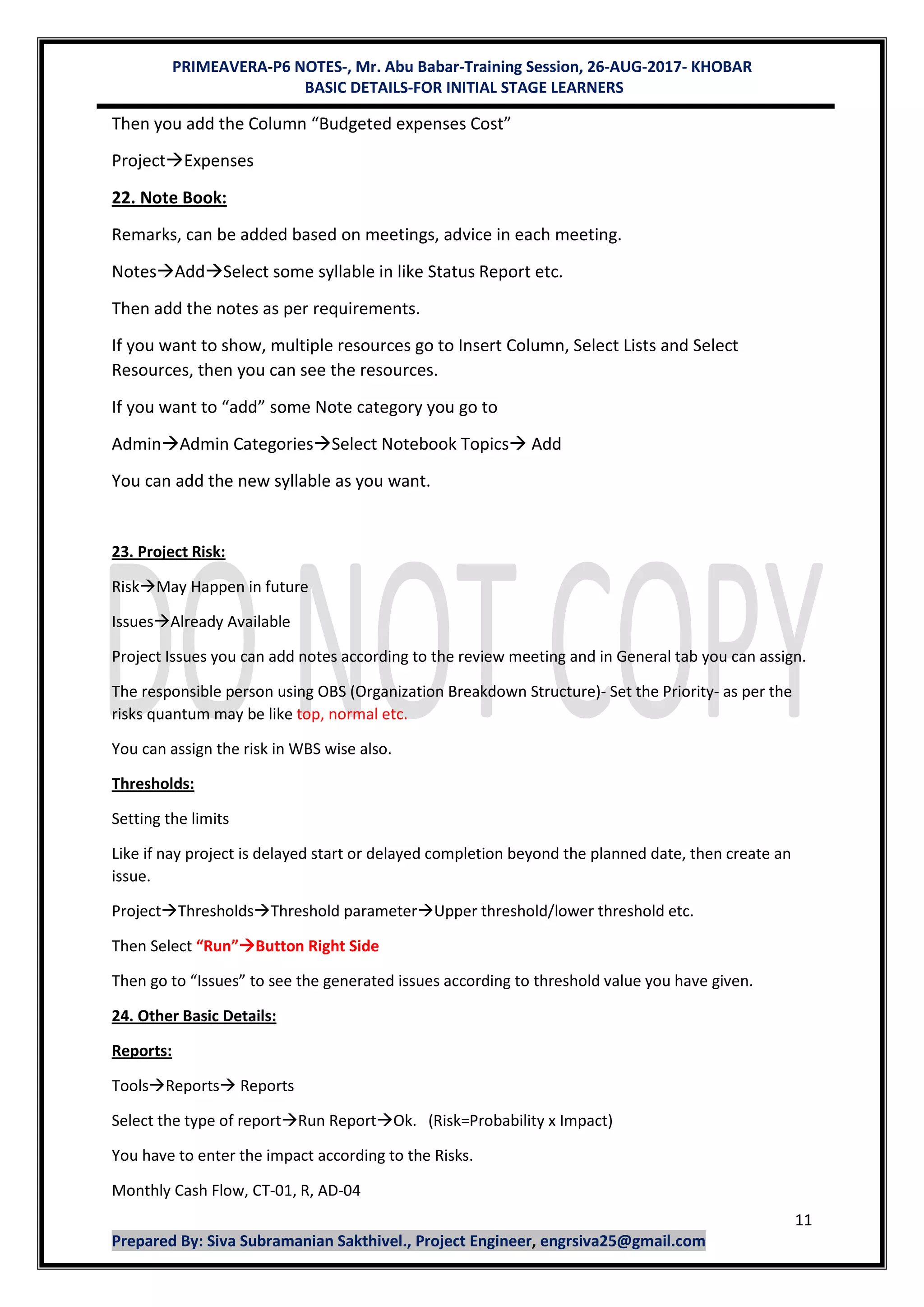 Primavera P6 Notes for Beginners | PDF