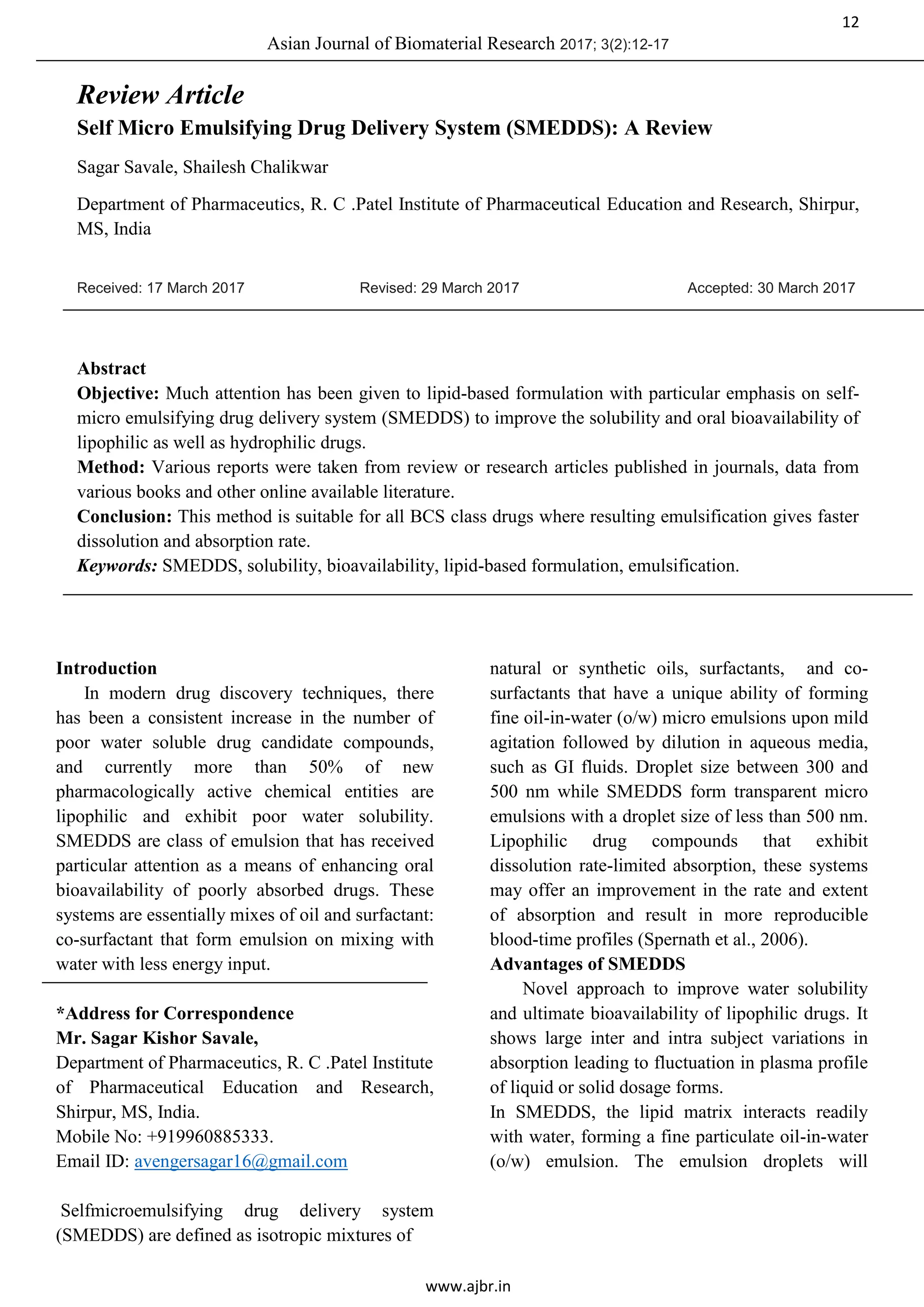 Self Micro Emulsifying Drug Delivery System (SMEDDS): A Review | PDF