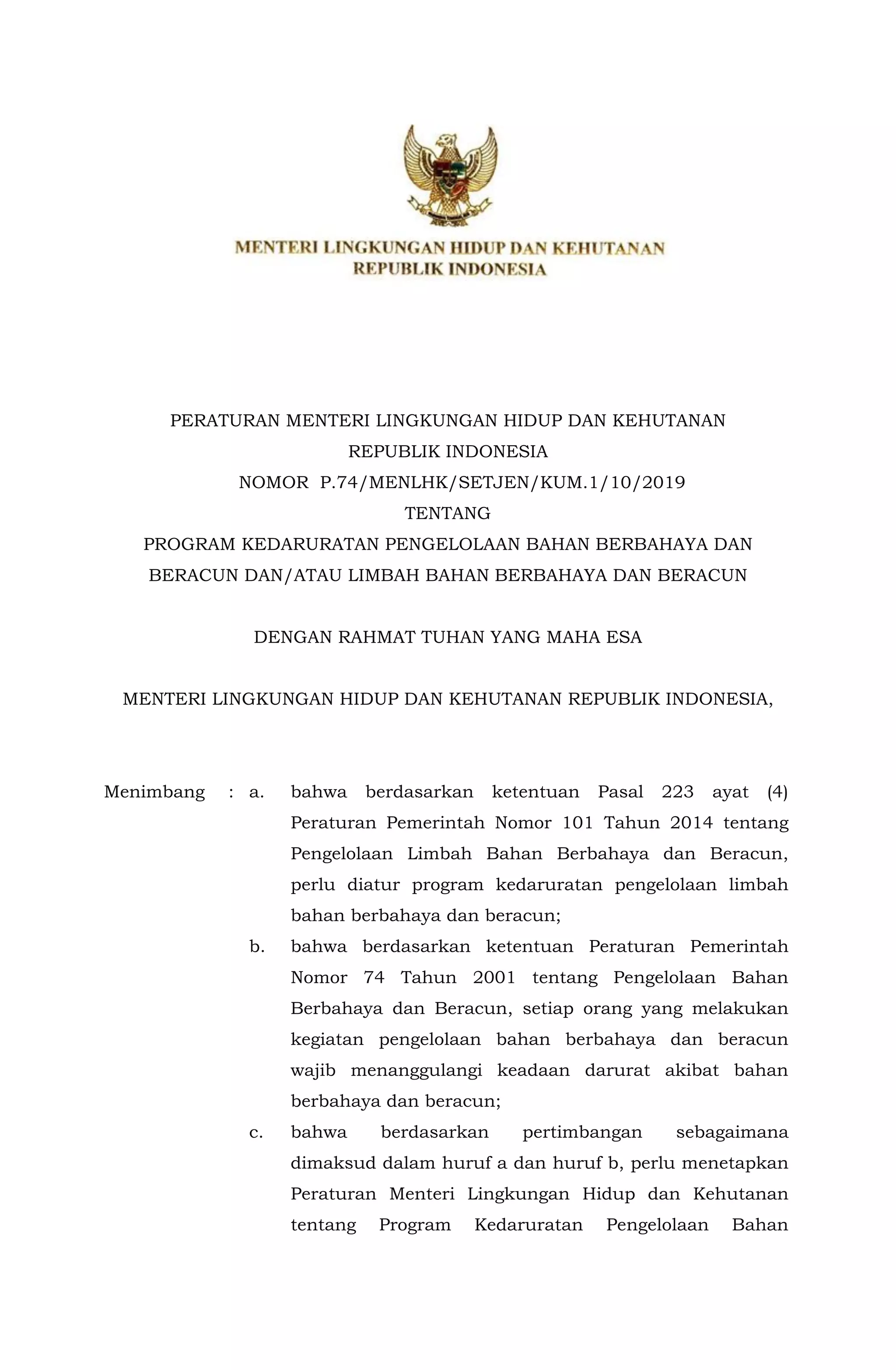 Peraturan Menteri Lingkungan Hidup Dan Kehutanan Nomor P.74/MENLHK/SETJEN/KUM.1/10/2019 | PDF