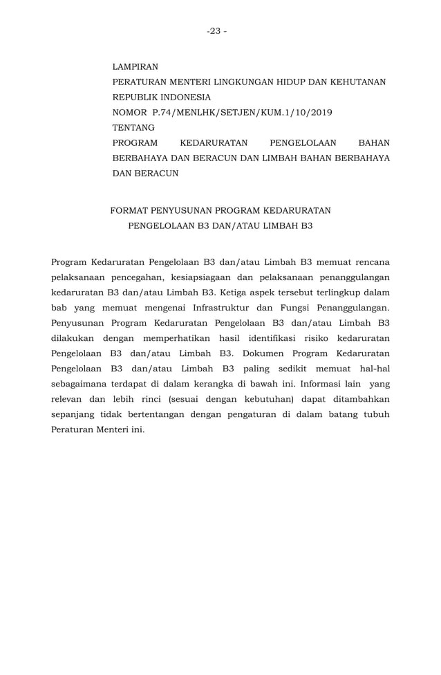 Peraturan Menteri Lingkungan Hidup Dan Kehutanan Nomor P.74/MENLHK/SETJEN/KUM.1/10/2019 | PDF