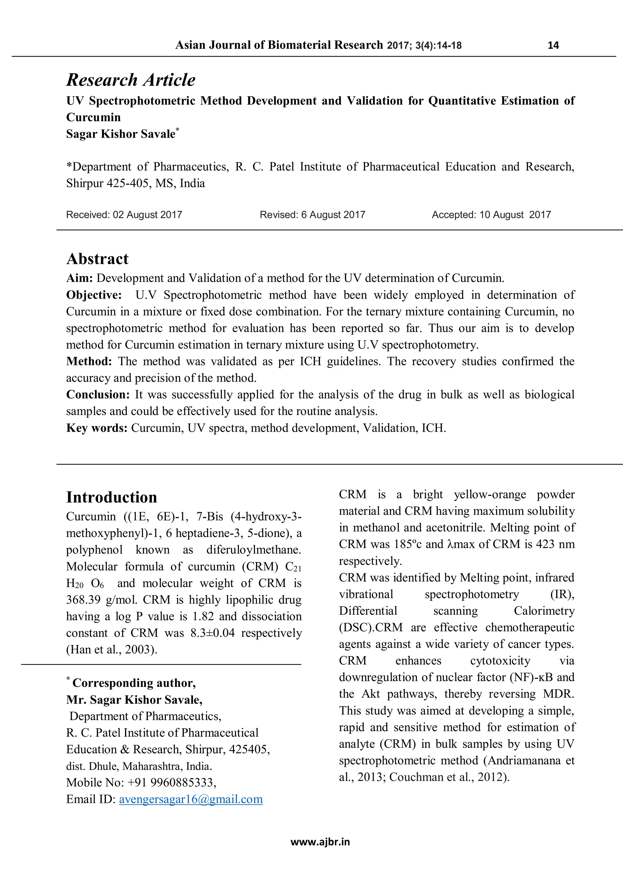 Uv Spectrophotometric Method Development And Validation For Quantitative Estimation Of Curcumin