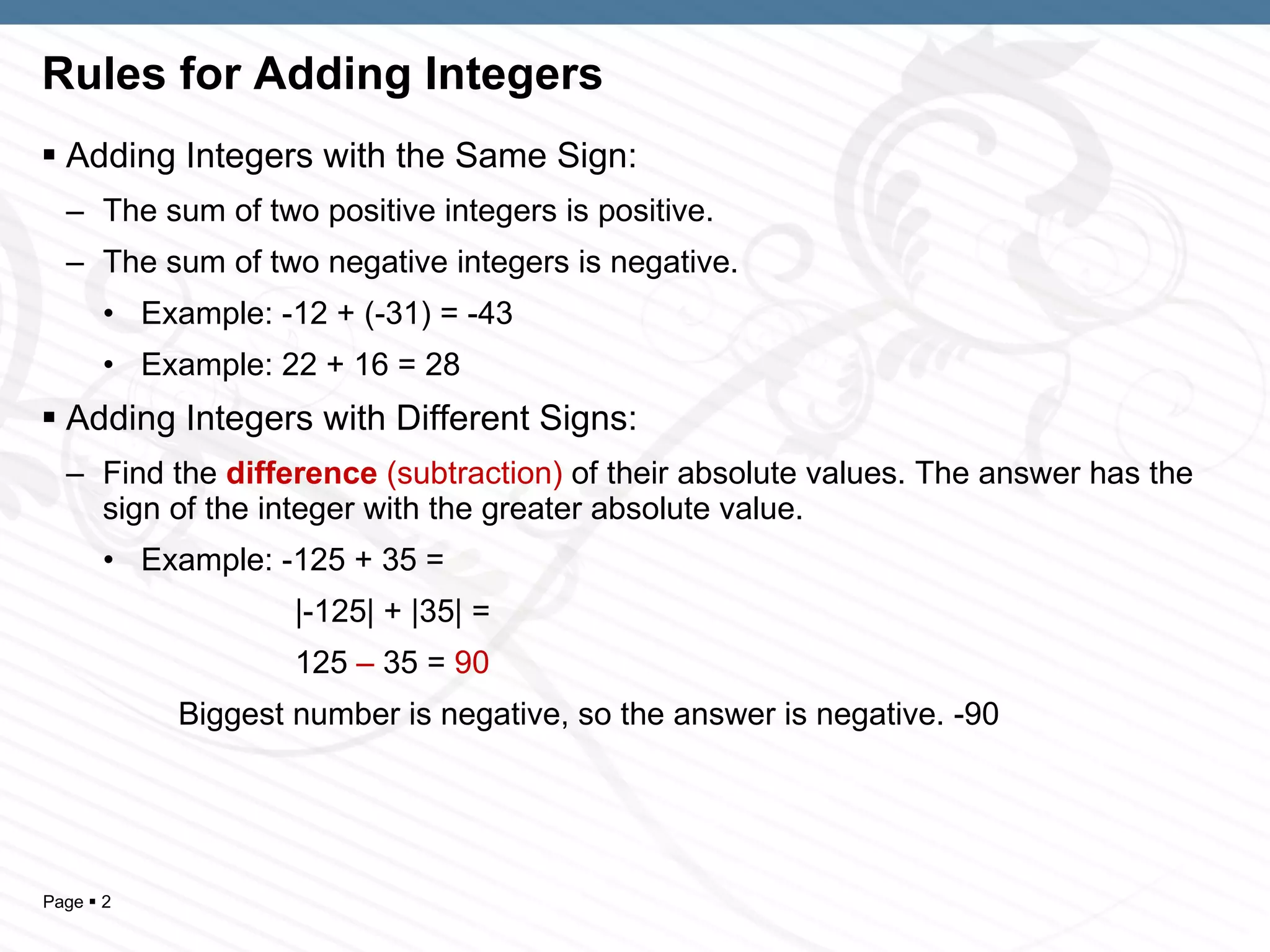 Ch.1, Sec 5&6: Adding Subtracting Integers | PPT