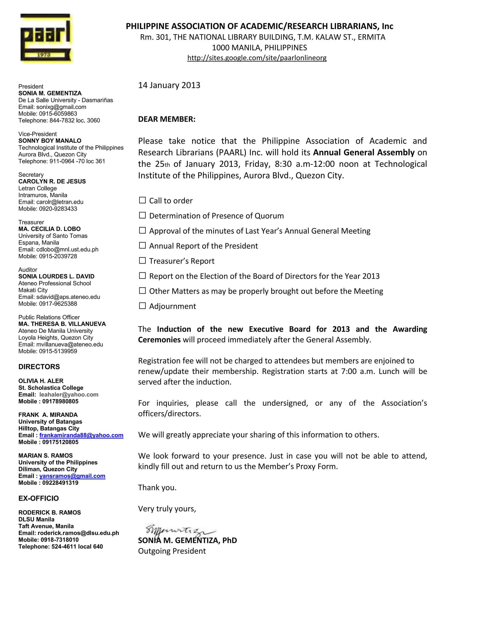 Paarl invitation letter to attend the 2013 General Assemblys ga | DOC