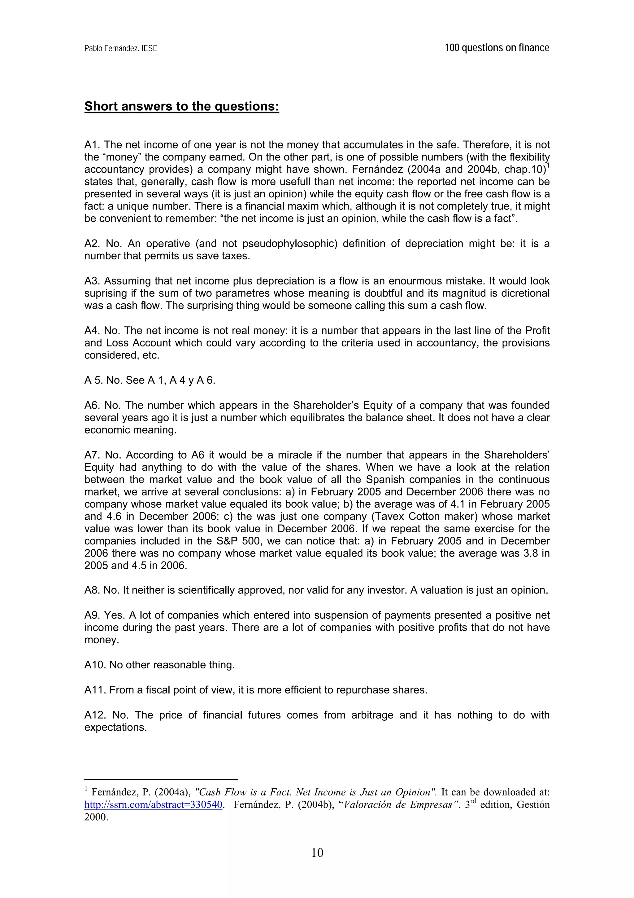 Pablo fernandez 100 questions on finance | PDF