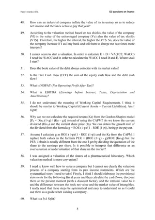 Pablo fernandez 100 questions on finance | PDF
