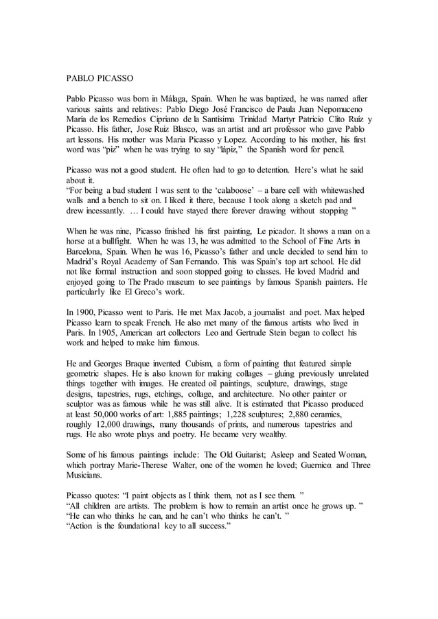 Pablo Picasso - Biography | DOCX | Arts and Crafts | Hobbies & Interests