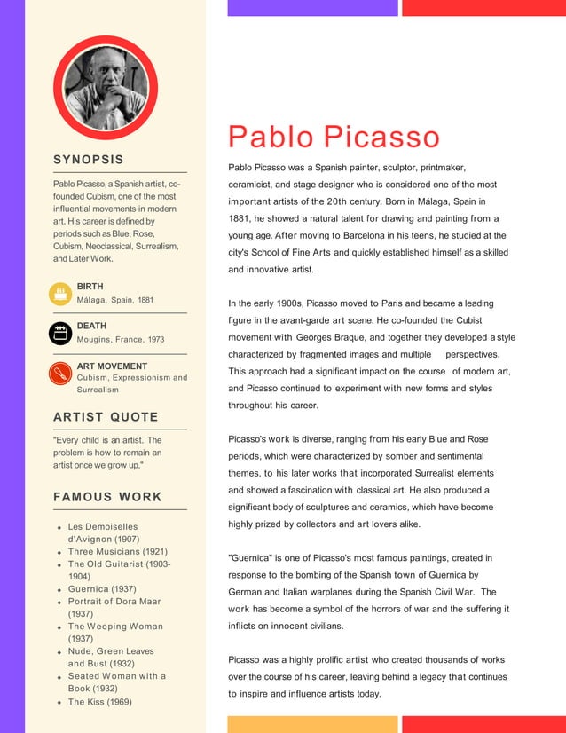 Artists Pablo Picasso Synopsis Biography | PPTX | Painting | Arts and ...