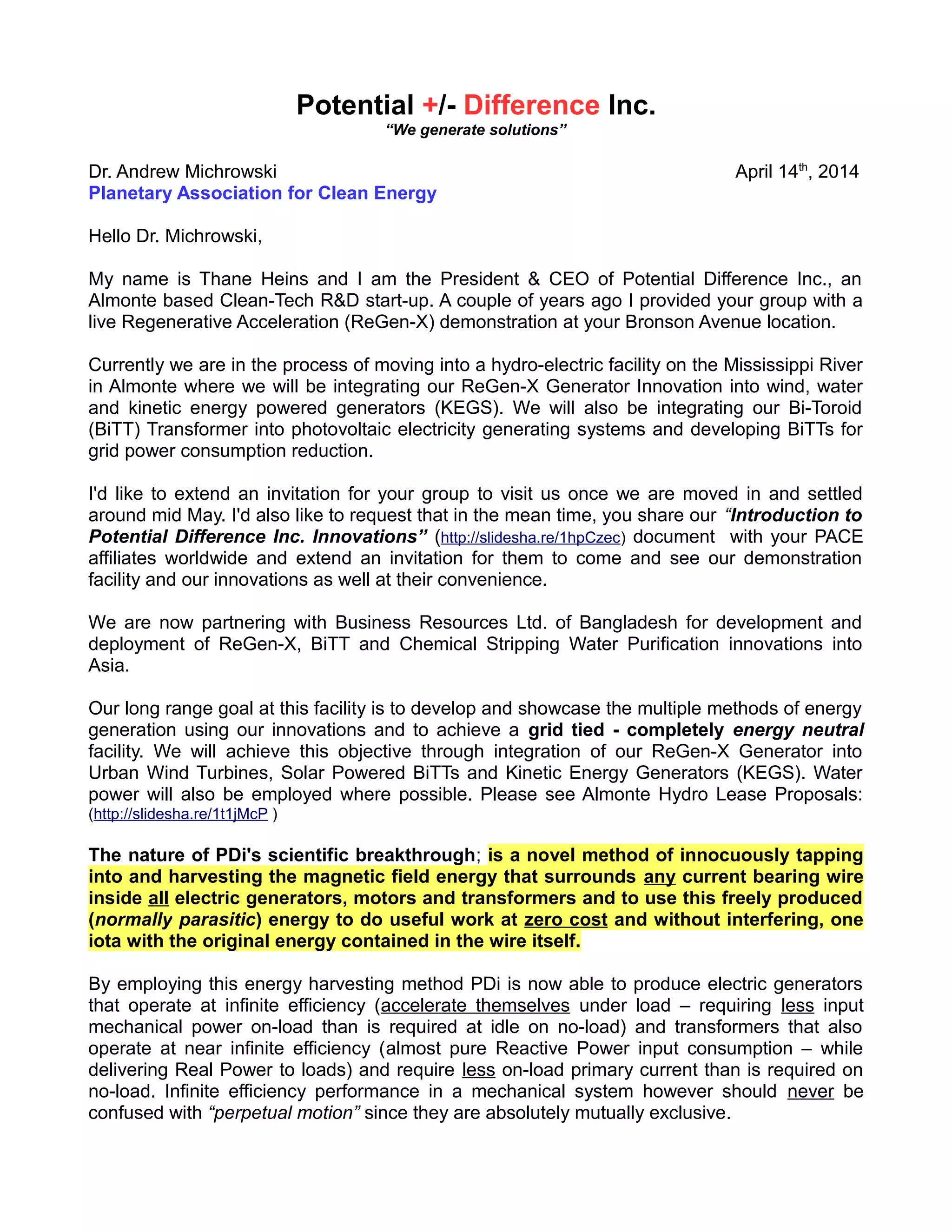 Planetary Association for Clean Energy Introduction & Invitation Letter ...