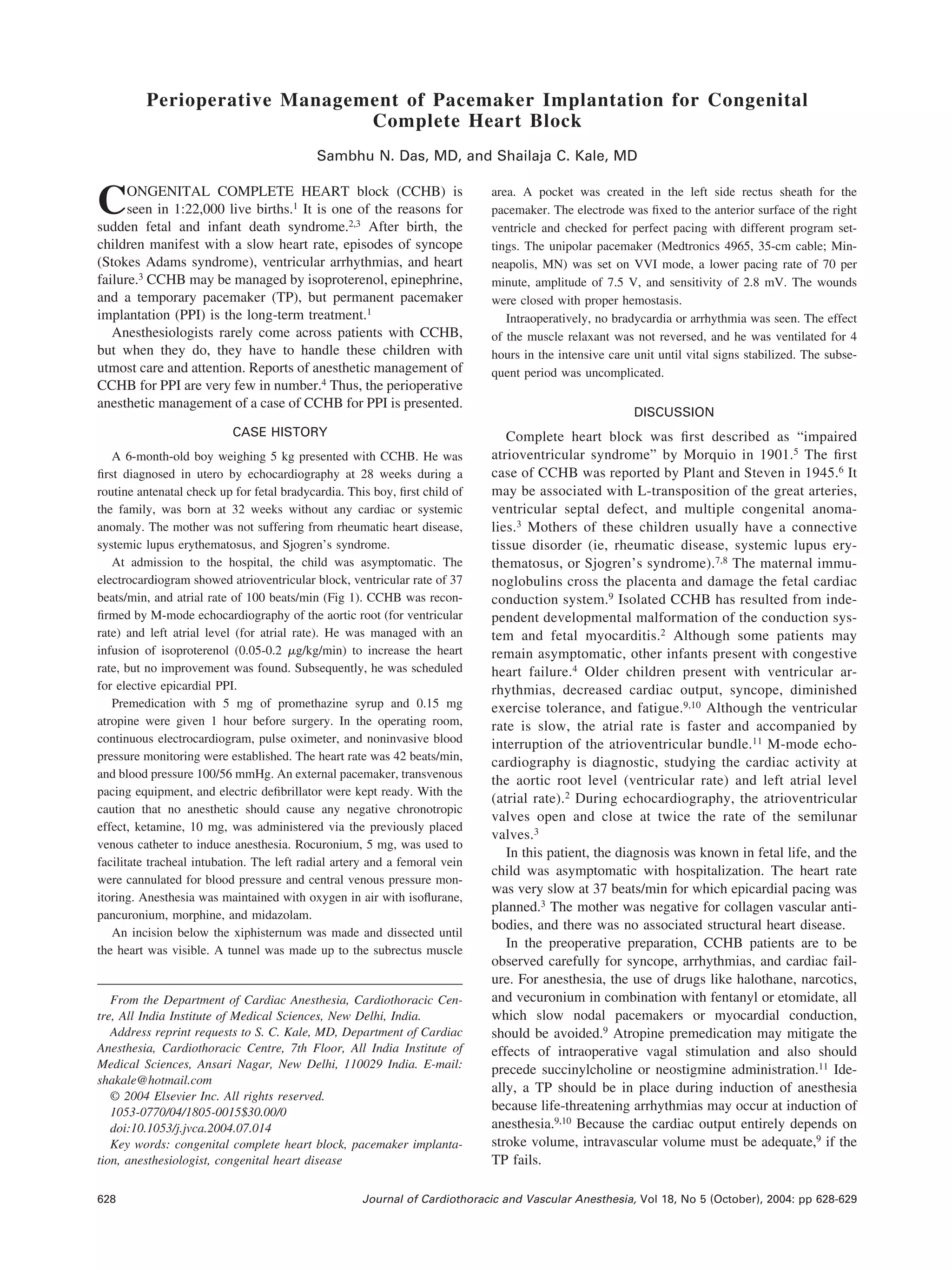perioperative management Pacemaker Insertion In Congenital Heart | PDF
