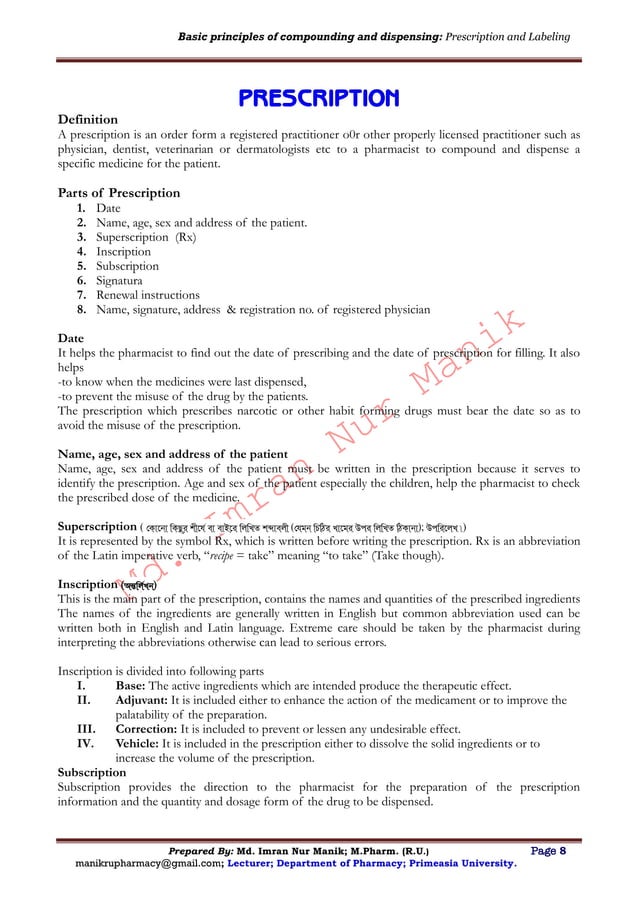 Basic principles of compounding and dispensing:prescription, labeling ...