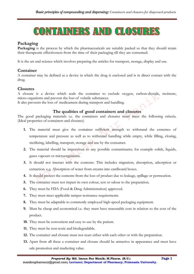 Basic principles of compounding and dispensing:prescription, labeling ...