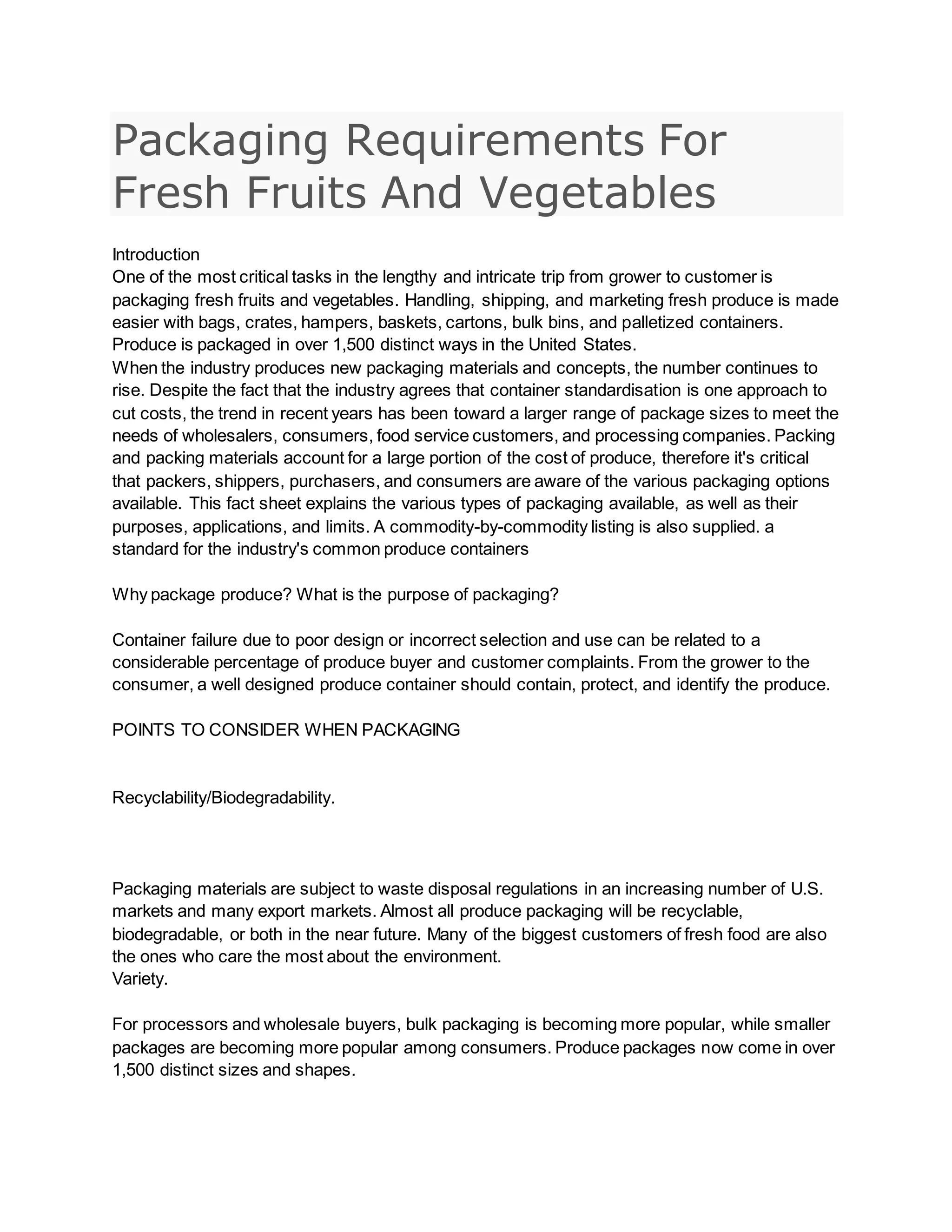Packaging requirements for fresh fruits and vegetables | DOCX