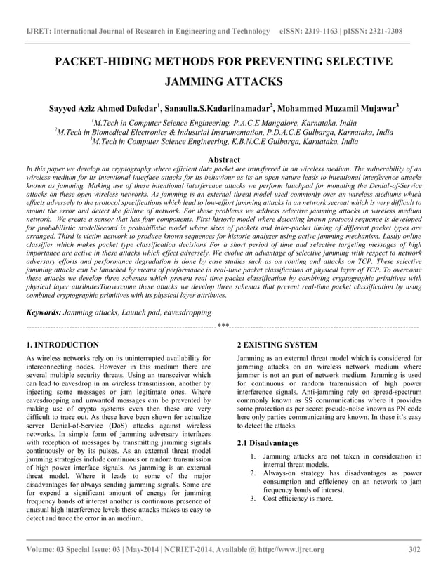 Packet hiding methods for preventing selective jamming attacks | PDF