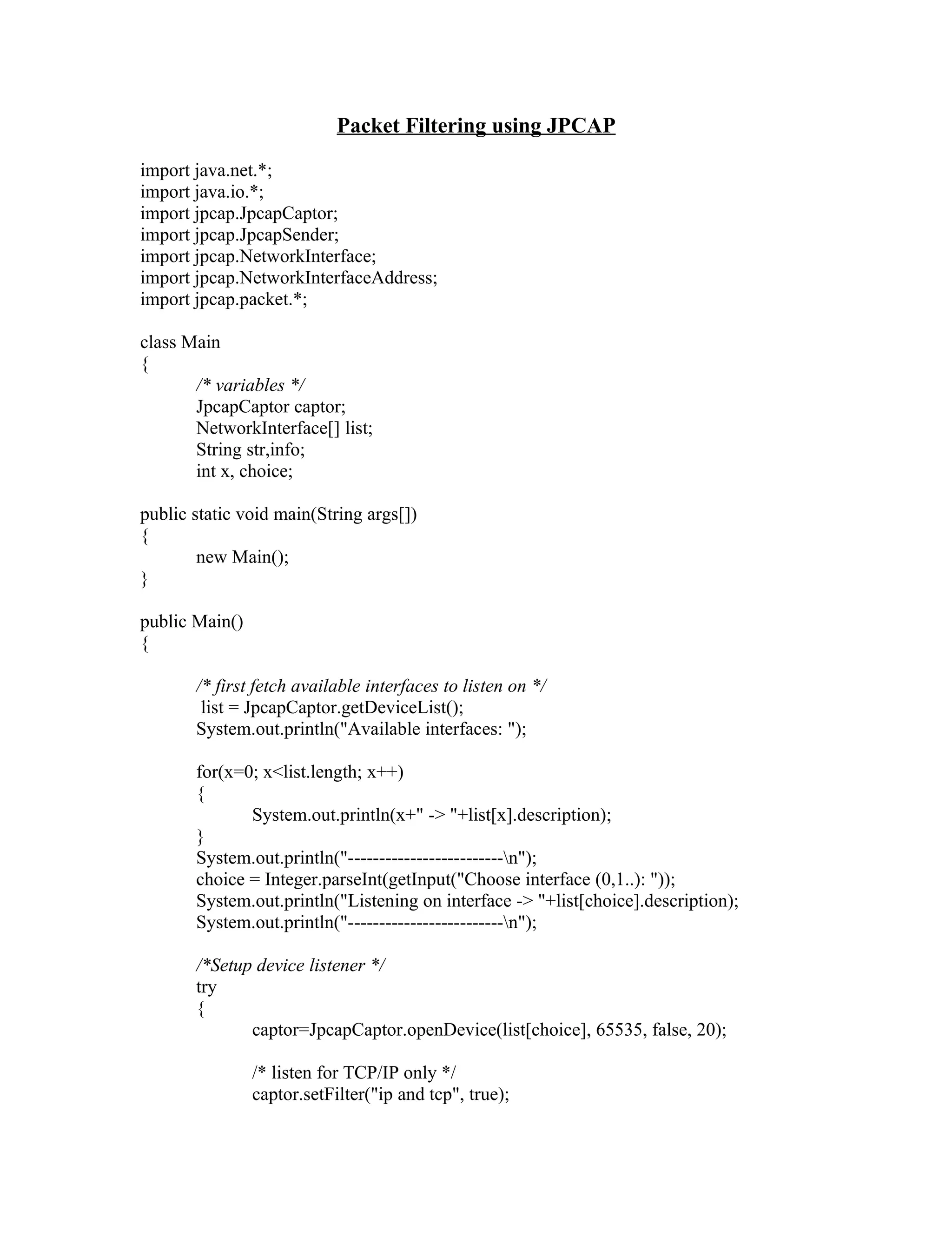 Packet filtering using jpcap | DOC