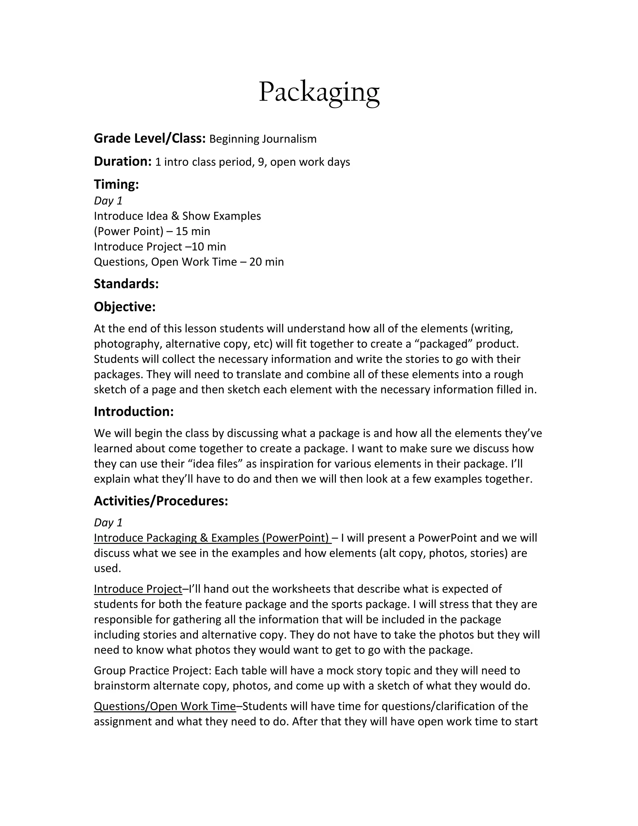 Packaging: Teacher Lesson Plan | DOCX