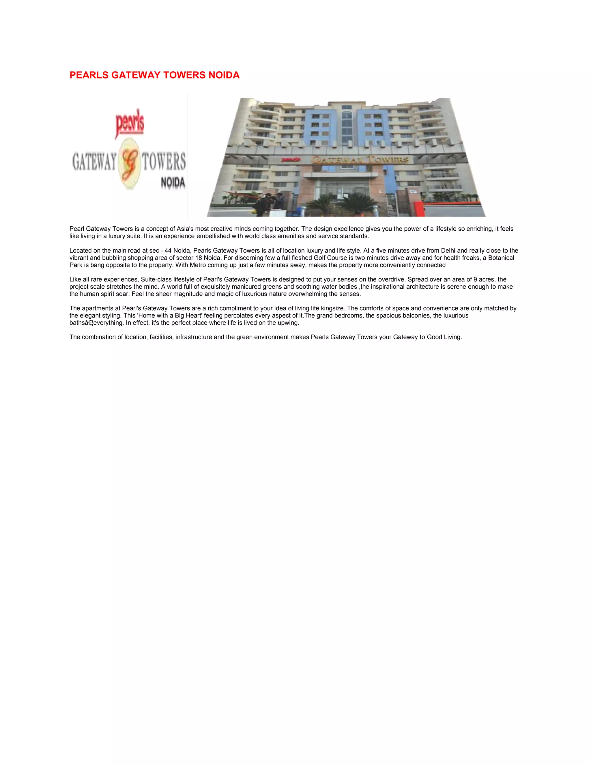 PEARLS GATEWAY TOWERS NOIDA | DOCX | Apartments | Real Estate