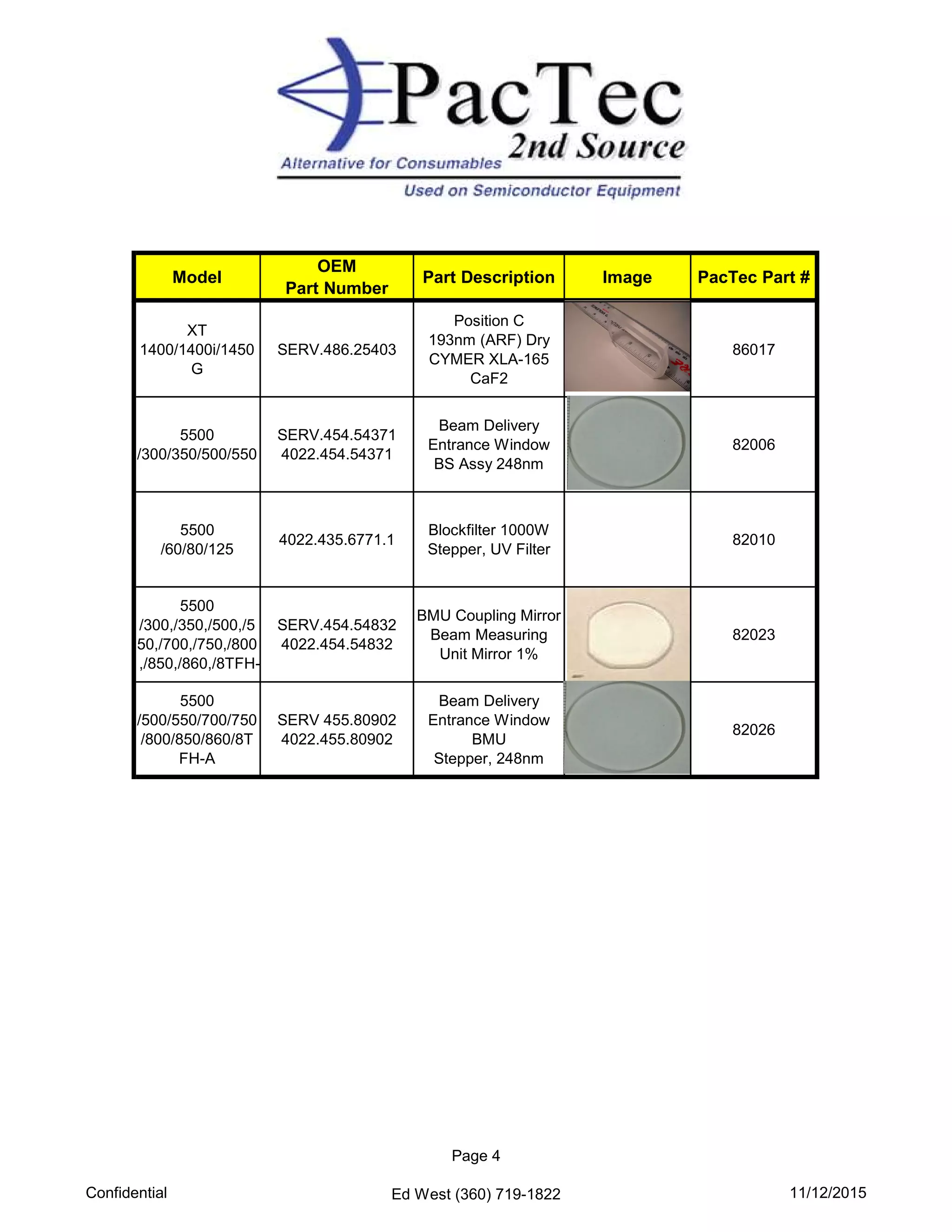 PacTec 2nd Source ASML Replacement Parts List | PDF