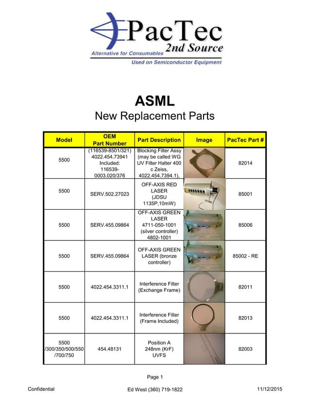 PacTec 2nd Source ASML Replacement Parts List | PDF | Physics | Science