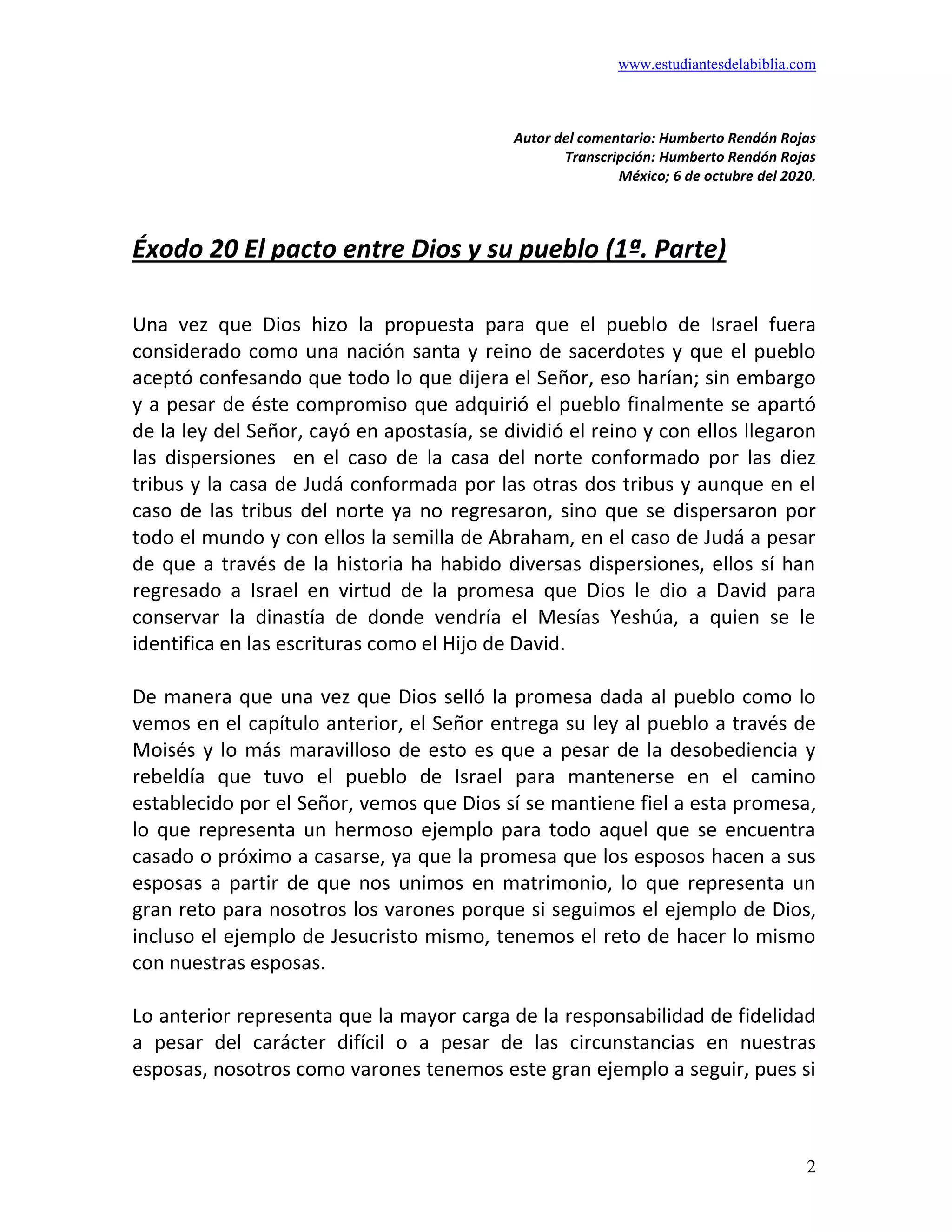Éxodo 20 El pacto entre Dios y su pueblo (1a. Parte) | PDF