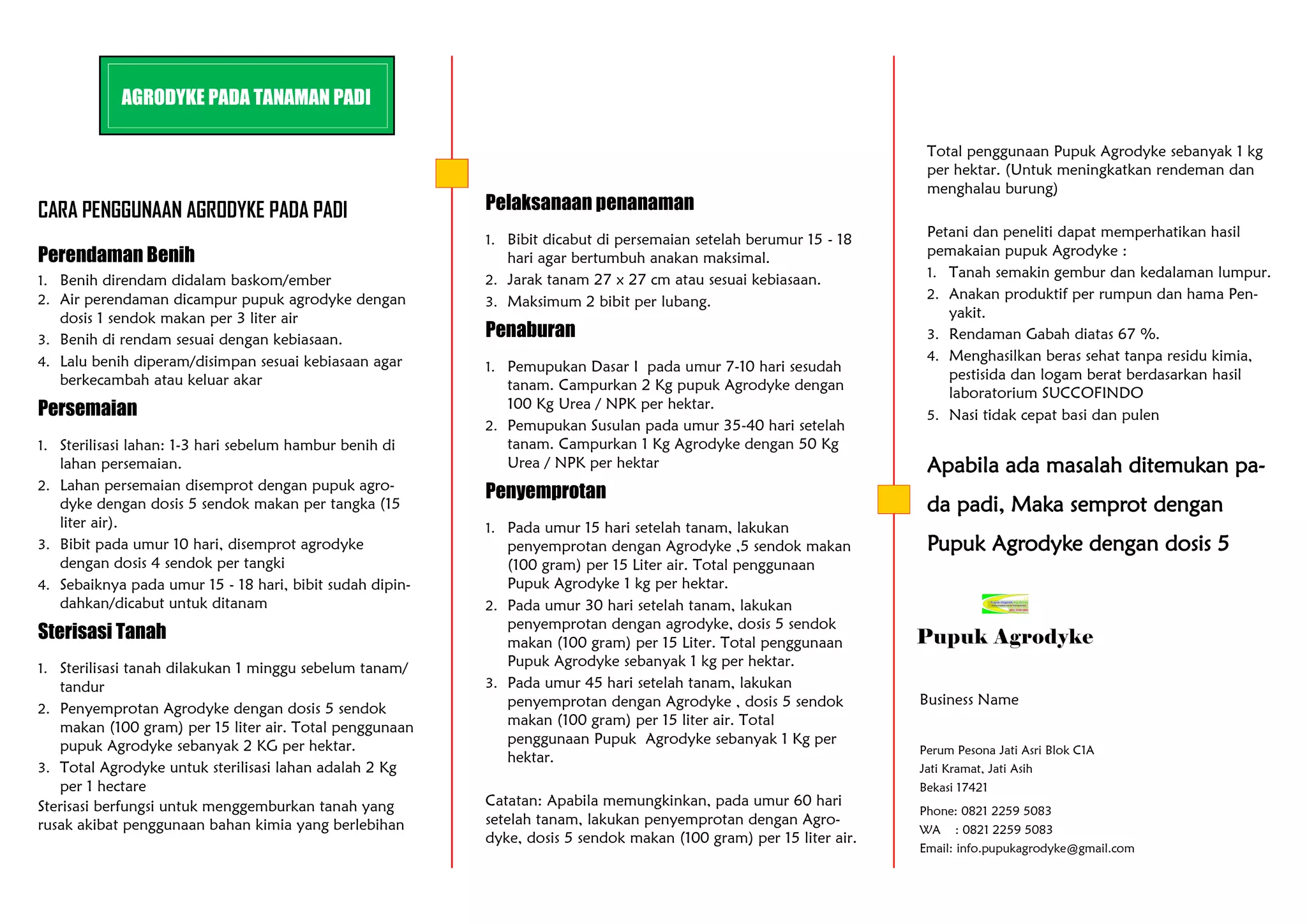 Brosur Cara Pemupukan Padi Dengan AGRODYKE | PDF