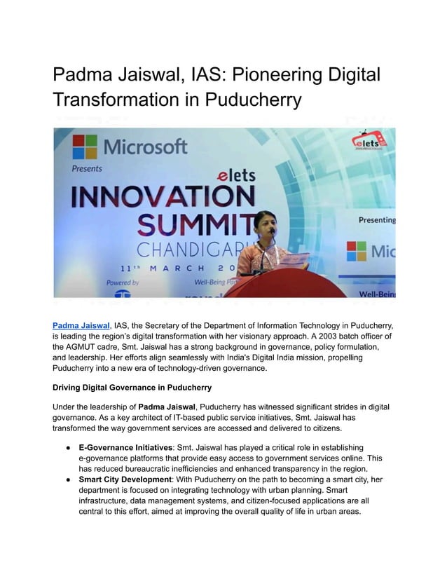 Padma Jaiswal, IAS: Pioneering Digital Transformation in Puducherry | PDF