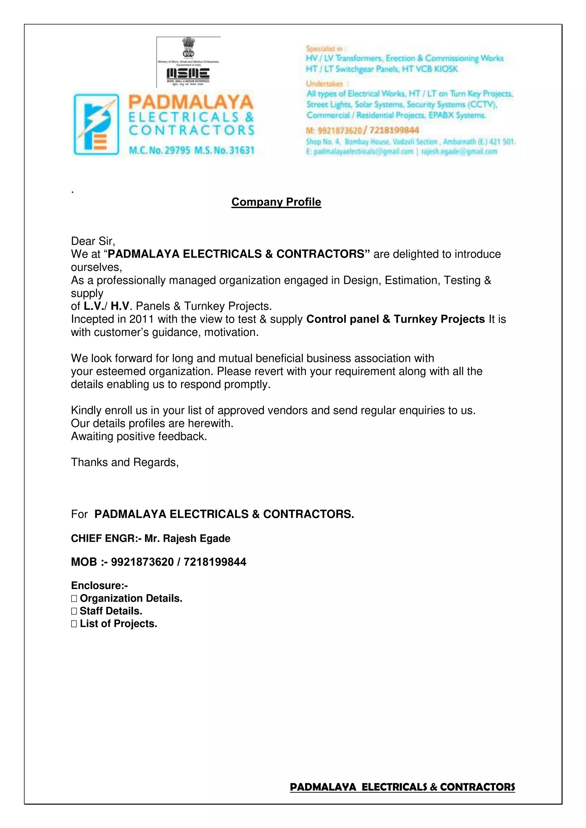 Padmalaya electricals & contractors profile | PDF