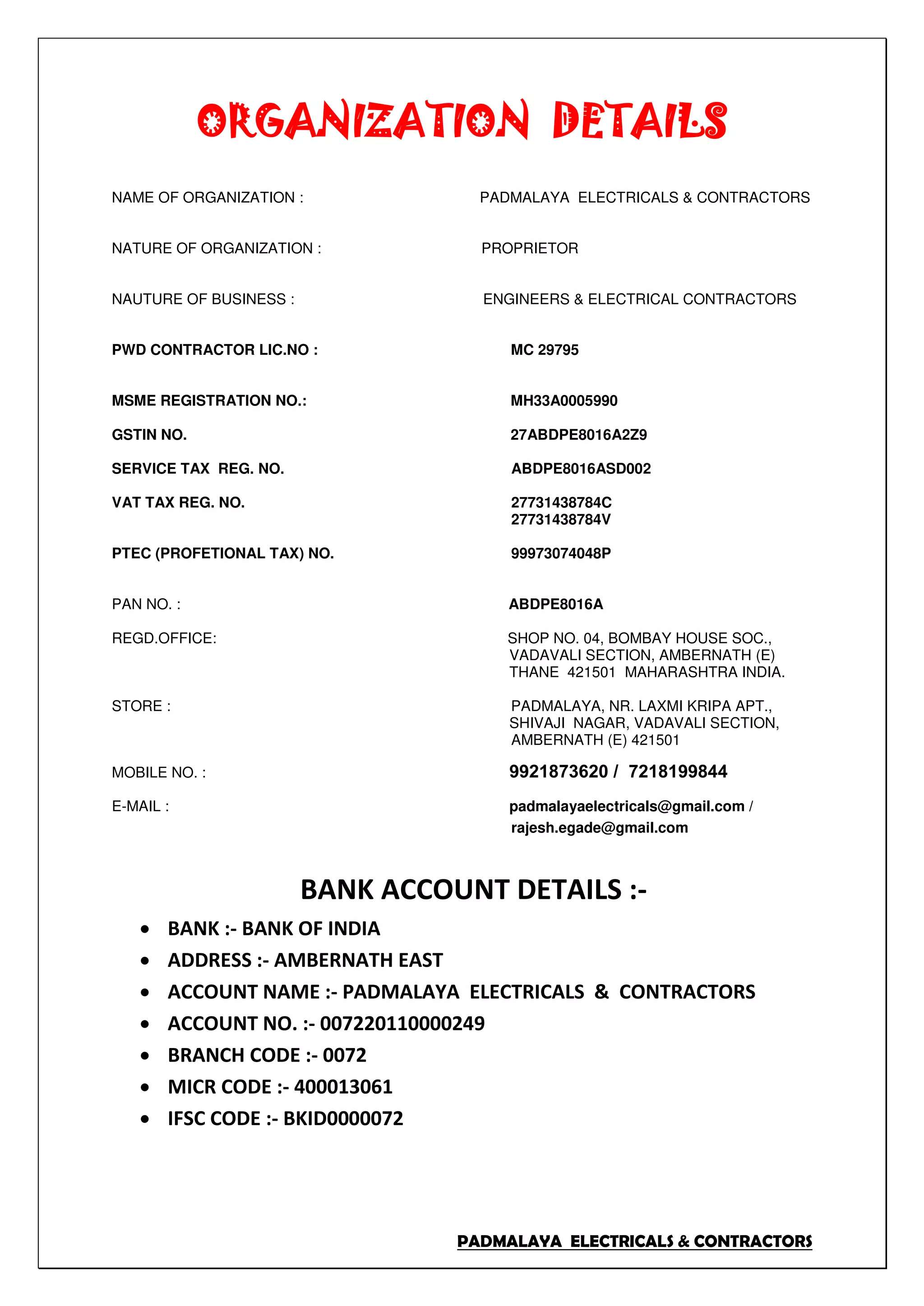 Padmalaya electricals & contractors profile | PDF