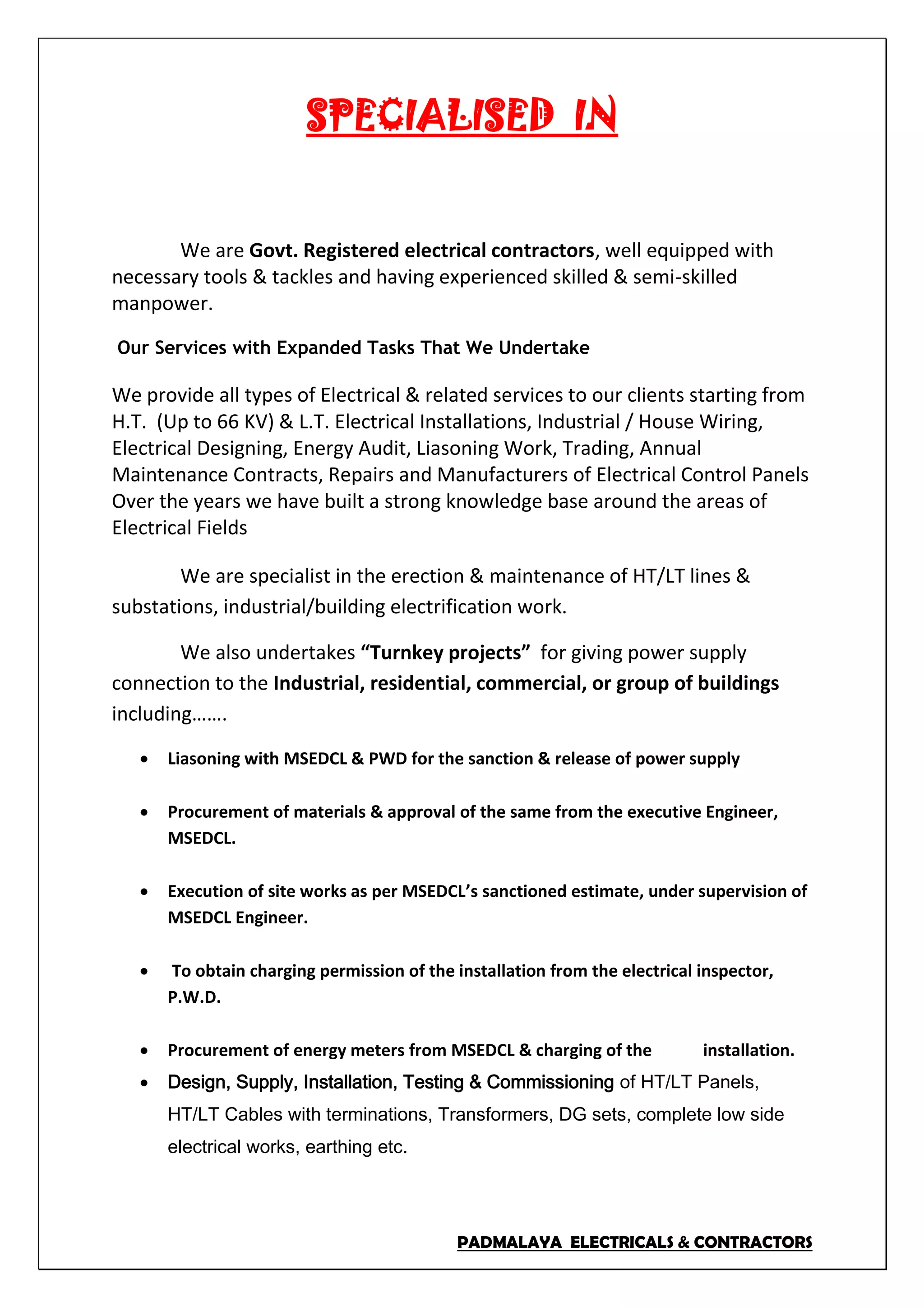 Padmalaya electricals & contractors profile | PDF