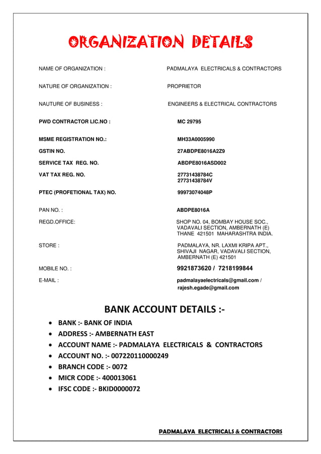 Padmalaya electricals & contractors profile | PDF