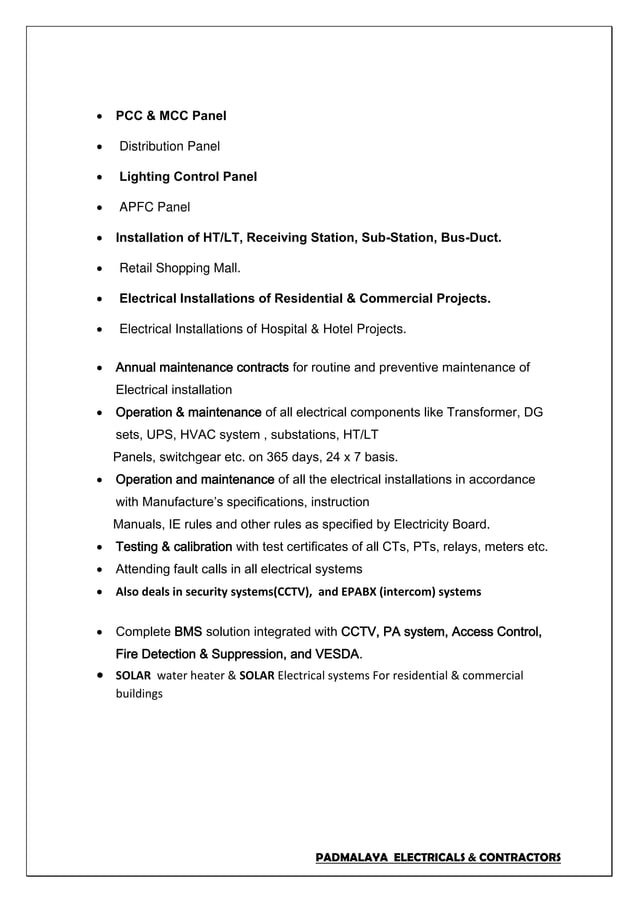 Padmalaya electricals & contractors profile | PDF