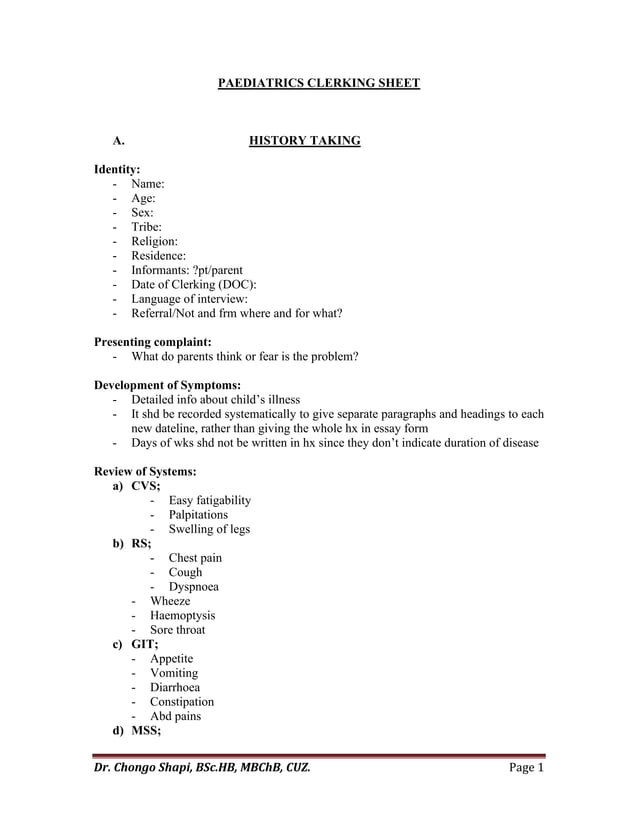 Paediatrics Clerking Sheet- Shapi.pdf | Pregnancy | Reproductive Health