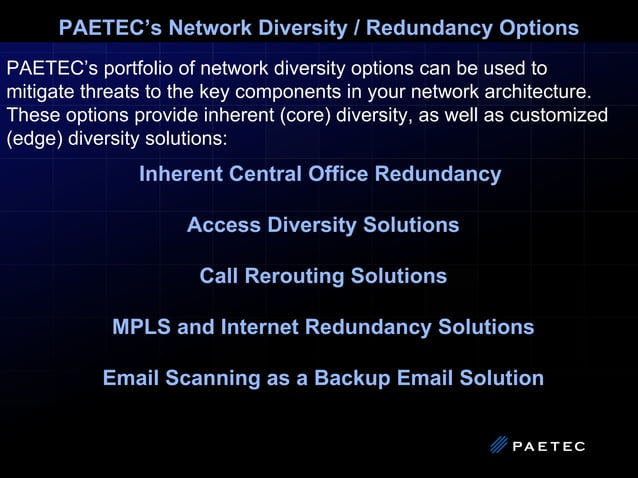 PAETEC Disaster Recovery & Business Continuity Solutions | PPT