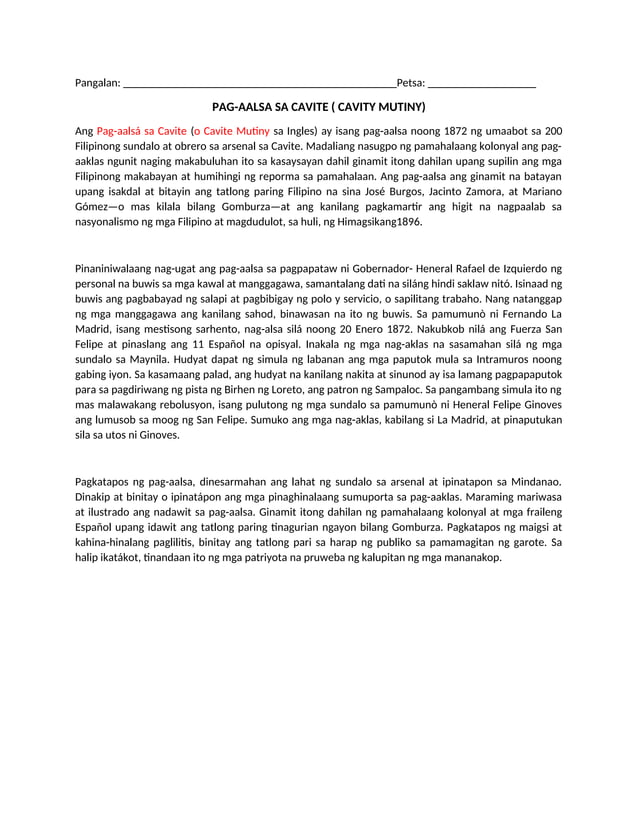 Ang Pag aalsa sa Cavite o Cavite Mutiny worksheet | DOCX
