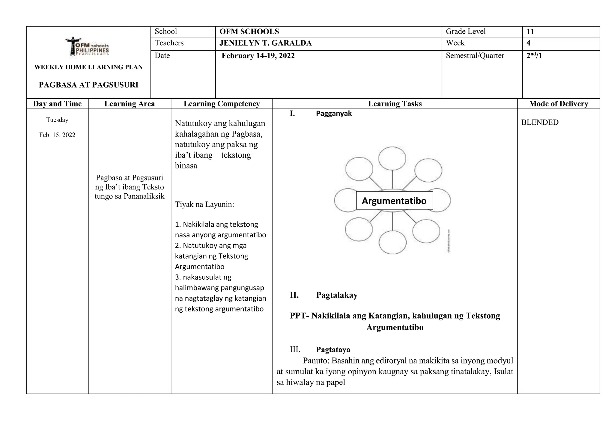banghay Aralin sa Pagbasa ta Pagsusuri ng Iba't ibang teksto | DOCX