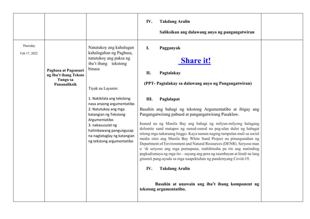 banghay Aralin sa Pagbasa ta Pagsusuri ng Iba't ibang teksto | DOCX