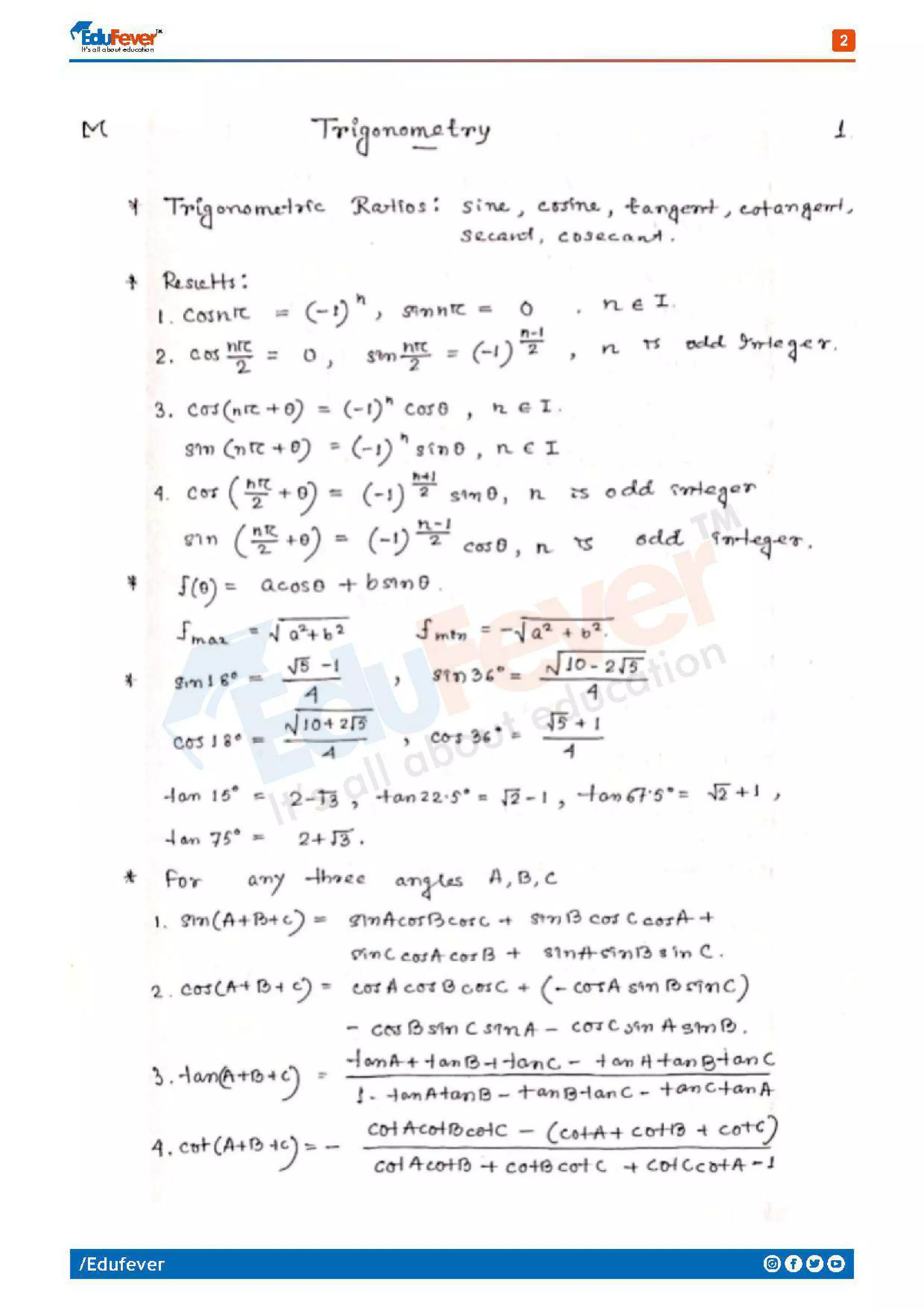 Trigonometry - Mathematics Handwritten Notes | PDF